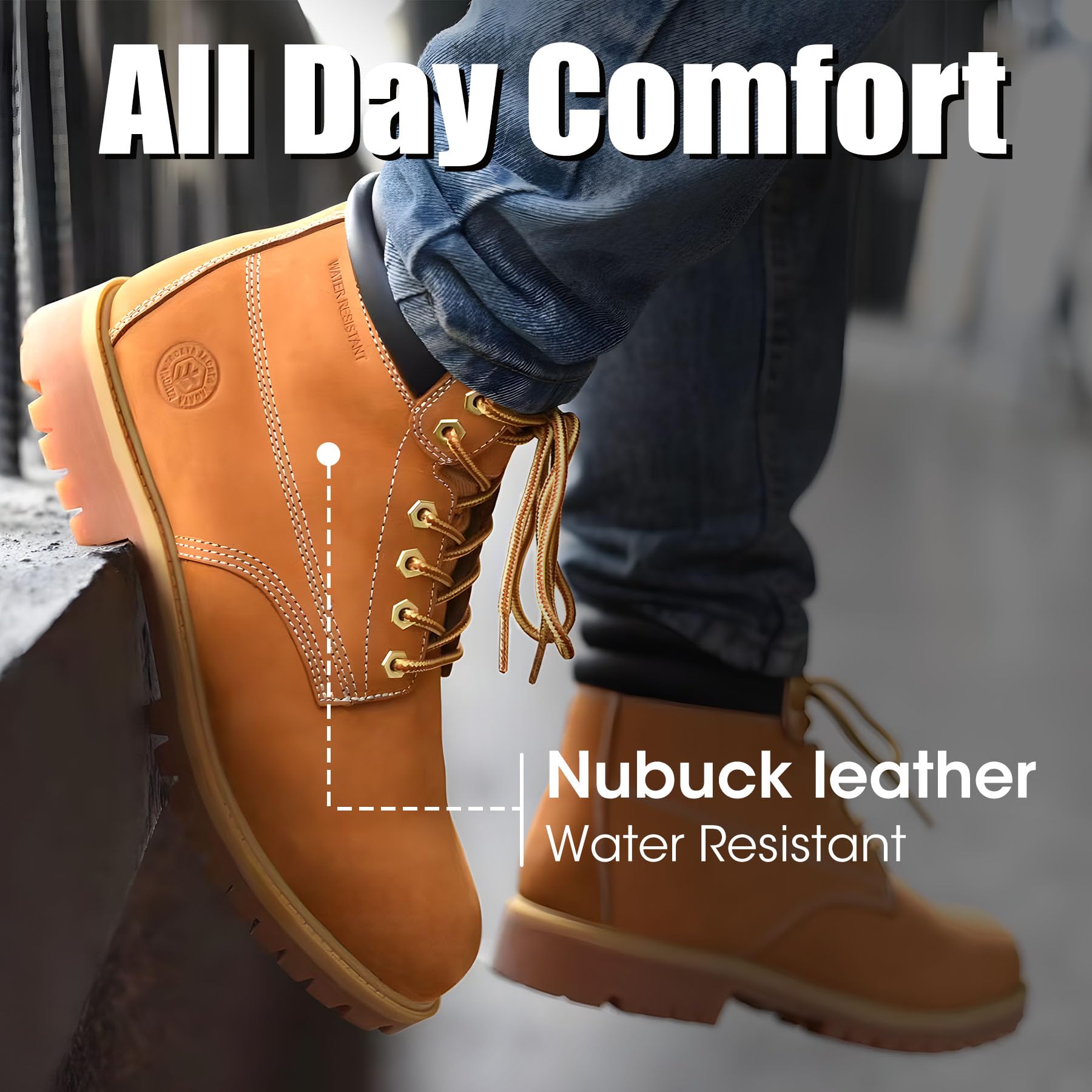 Jacata Work Boots For Men Steel/Soft Toe Non Slip Rubber Sole Resistant Utility Oil Mens Industrial Construction Boots(Wheat Size 11)