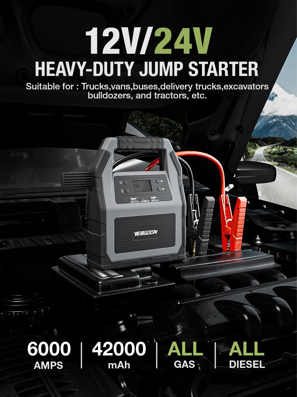 YESPER 12V/24V Car Jump Starter, 6000A Peak 4.1 lbs Portable Jump Starter Battery Pack 42000mAh Battery Booster Pack (Up to All Gas/Diesel Engine) Jumper Box with LED Screen…
