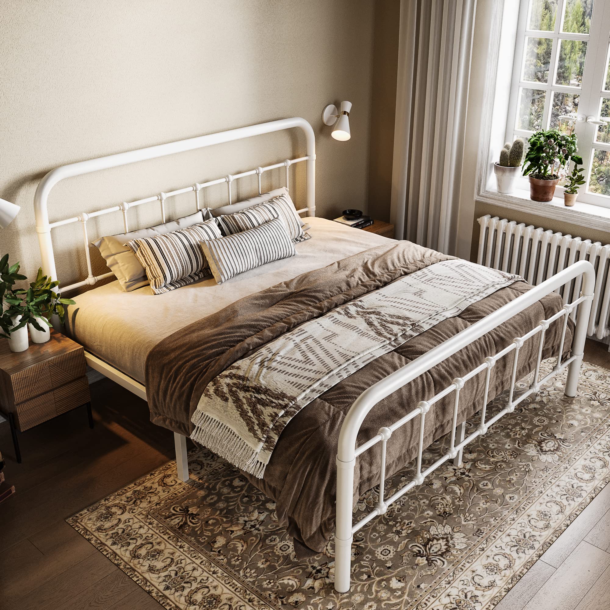 Allewie Full Size Metal Platform Bed Frame with Victorian Style Wrought Iron-Art Headboard/Footboard, No Box Spring Required,White