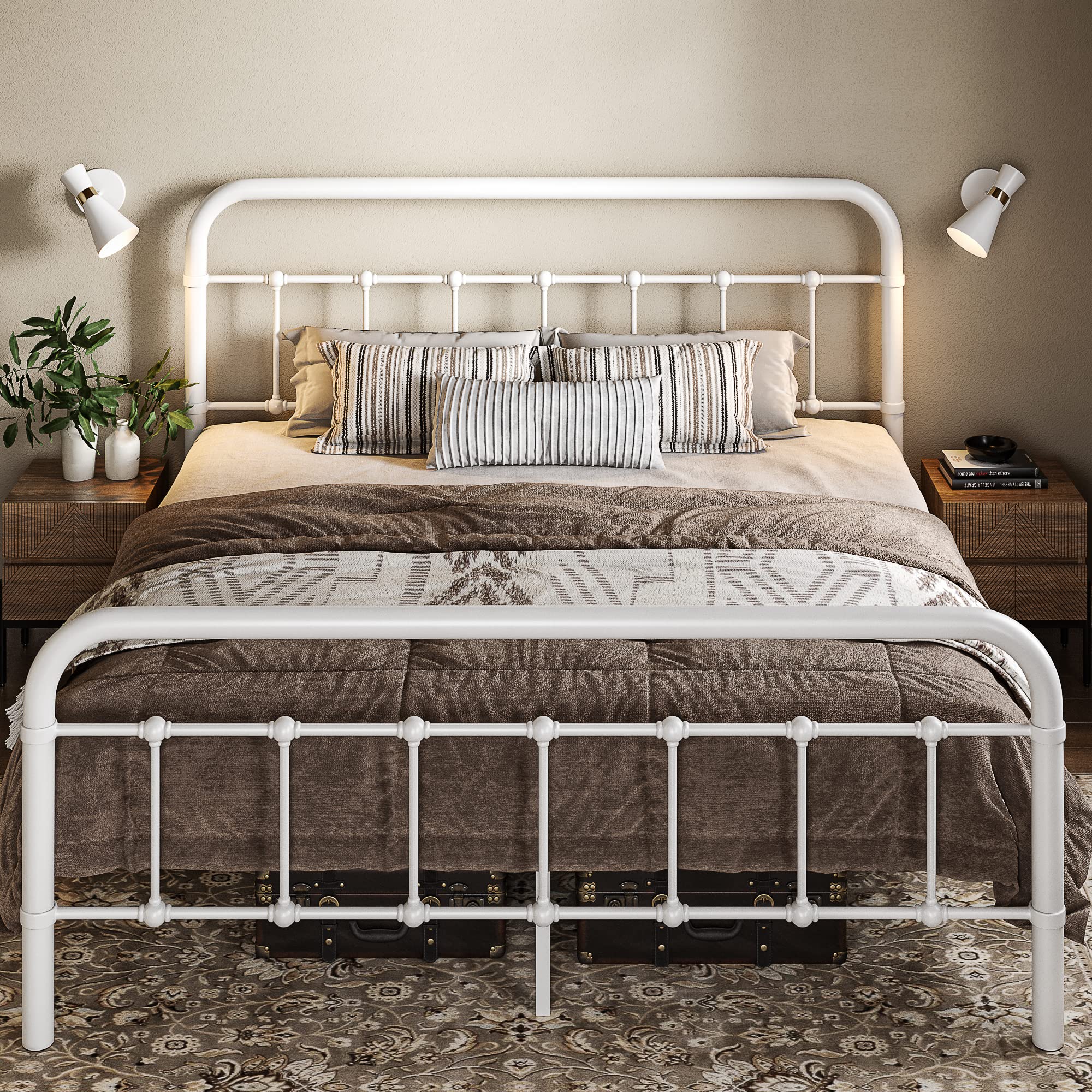 Allewie Full Size Metal Platform Bed Frame with Victorian Style Wrought Iron-Art Headboard/Footboard, No Box Spring Required,White