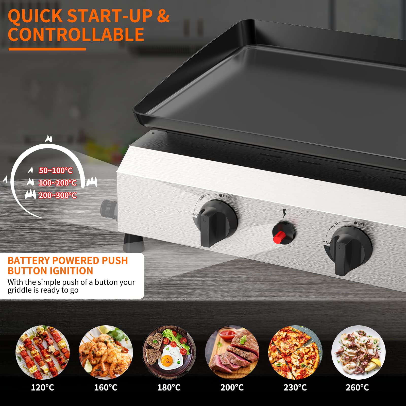 SKOK 4 Burner Flat Top Gas Griddle-30 Inch Outdoor Propane Griddle-40000 BTU Propane Fuelled, Portable Gas Grill Camping Griddle Station for Kitchen, BBQ, Camping