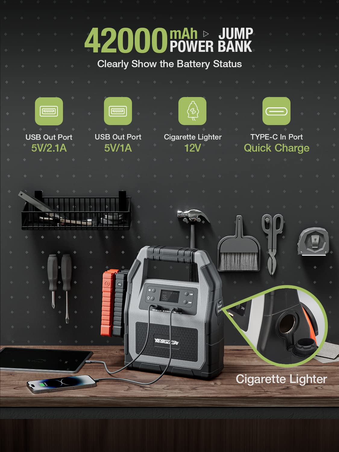YESPER 12V/24V Car Jump Starter, 6000A Peak 4.1 lbs Portable Jump Starter Battery Pack 42000mAh Battery Booster Pack (Up to All Gas/Diesel Engine) Jumper Box with LED Screen…