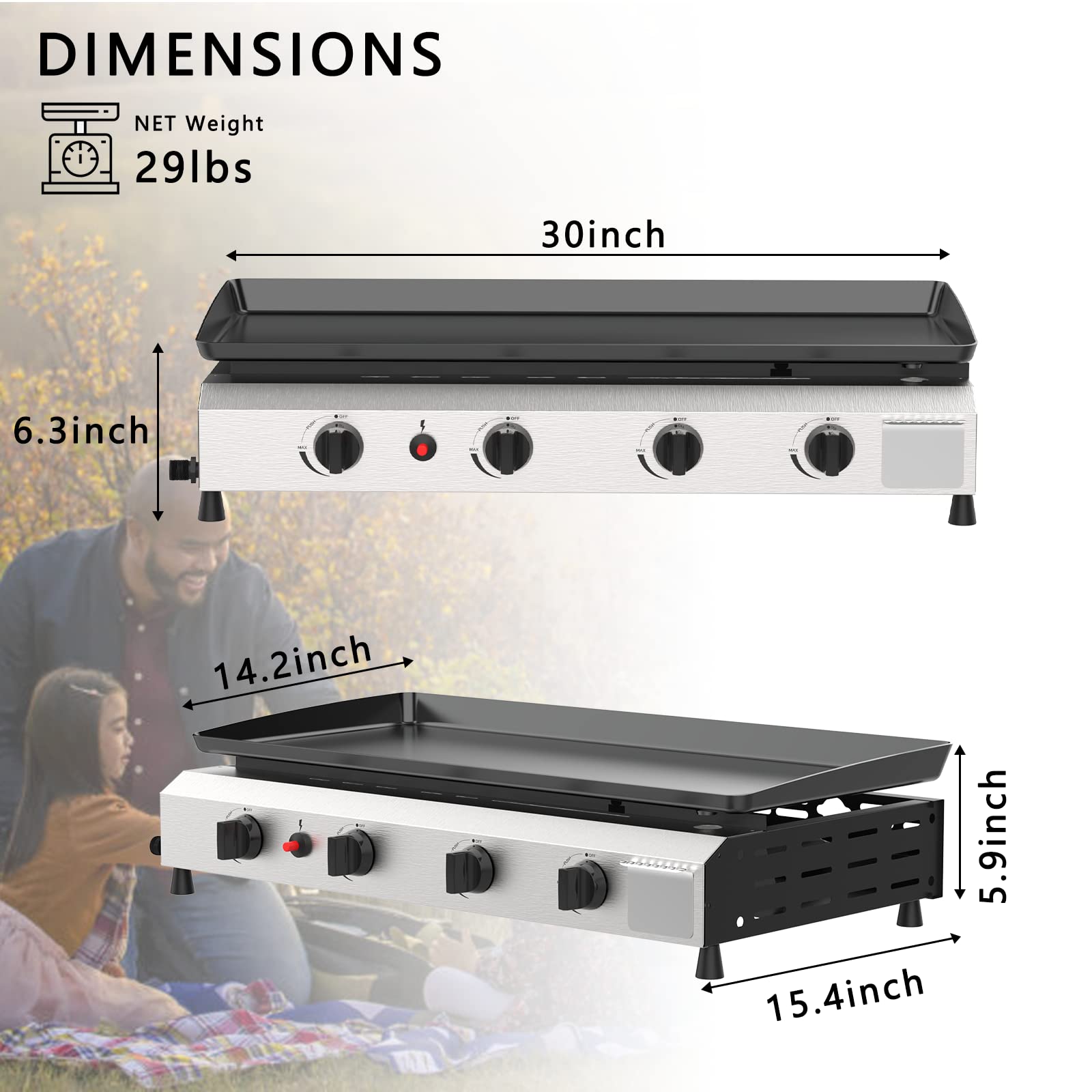 SKOK 4 Burner Flat Top Gas Griddle-30 Inch Outdoor Propane Griddle-40000 BTU Propane Fuelled, Portable Gas Grill Camping Griddle Station for Kitchen, BBQ, Camping