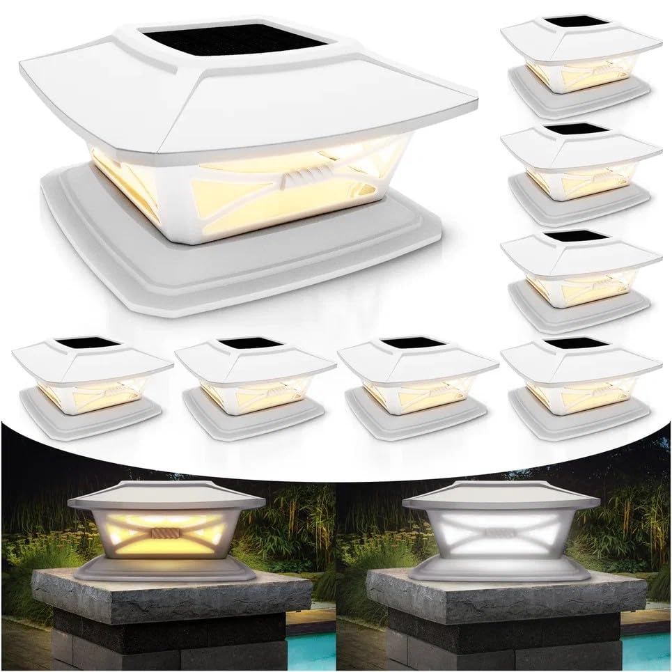 JVK Goods Post Cap Lights Outdoor 8 Pack, Fits 4x4, 5x5, 6x6 Square Post & Fence Deck Patio Garden Pathway, Rechargeable Solar Powered Warm-of-White, Work All Night, Waterproof, Wight Color