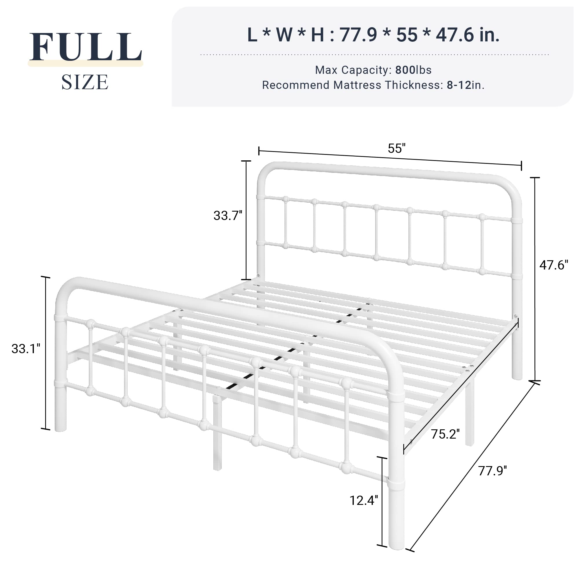 Allewie Full Size Metal Platform Bed Frame with Victorian Style Wrought Iron-Art Headboard/Footboard, No Box Spring Required,White