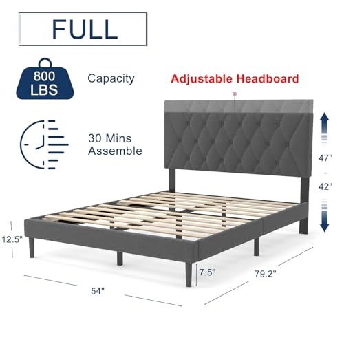 Molblly Full Size Bed Frame with Adjustable Headboard, Linen Fabric Wrap, Strong Frame and Wooden Slats Support, No Box Spring Needed, Non-Slip and Noiseless, Easy Assembly, Dark Grey