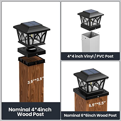 APONUO Solar Post Cap Lights Filament 1000mAh,4x4 Post Solar Lights 2 Brightness Levels 8/16LM Waterproof Solar Fence Post Lights for 4x4,6x6 Posts Caps Wood,4x4 Vinly Post Caps,Black,4 Pack