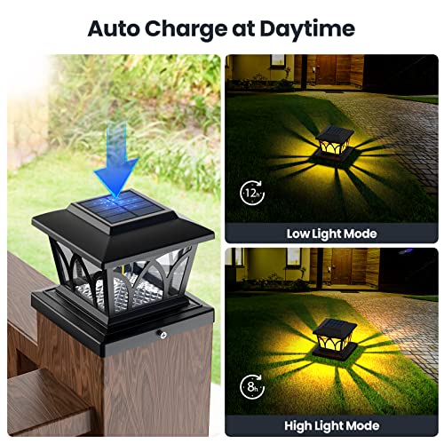 APONUO Solar Post Cap Lights Filament 1000mAh,4x4 Post Solar Lights 2 Brightness Levels 8/16LM Waterproof Solar Fence Post Lights for 4x4,6x6 Posts Caps Wood,4x4 Vinly Post Caps,Black,4 Pack