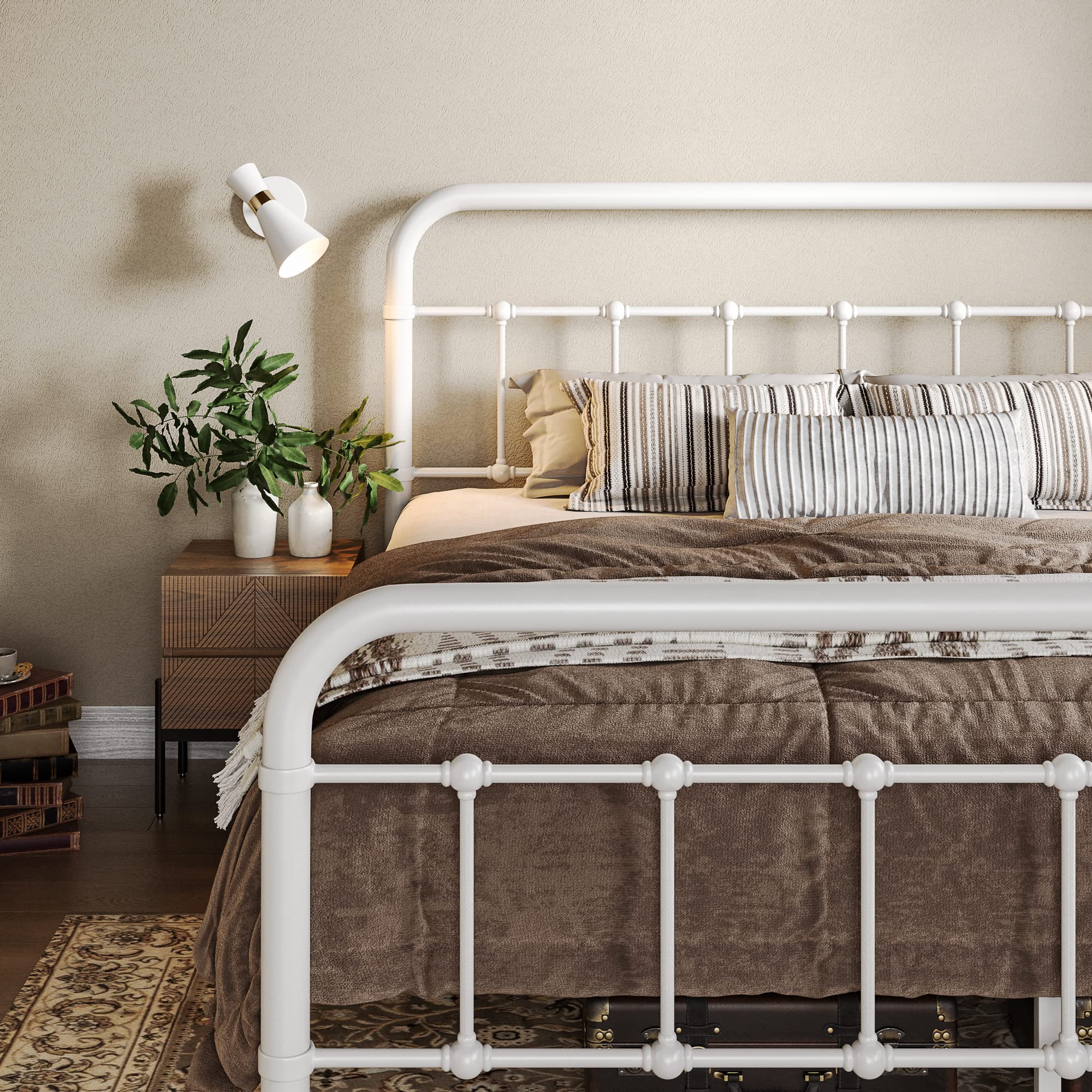 Allewie Full Size Metal Platform Bed Frame with Victorian Style Wrought Iron-Art Headboard/Footboard, No Box Spring Required,White