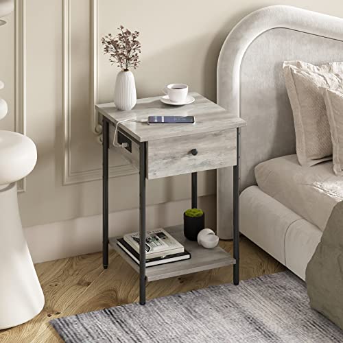 hosote Nightstand with Charging Station, Flip Top End Table with USB Ports and Outlets Farmhouse Night Stand Side Bedside Table with Storage for Bedroom Living Room (Rustic Grey, Set of 2)