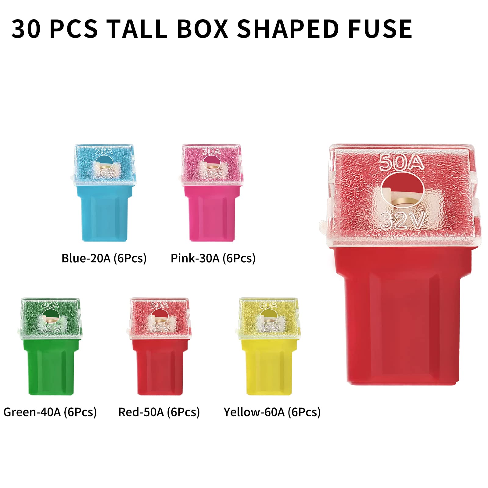 MuHize Shaped Assorted Fuses - Upgraded Tall/Standard Profile Automotive Box Shaped Fuse Kit, Fuse Female Assortment 20A 30A 40A 50A 60A (Each 6) for Ford Chevy, Cars and SUVs