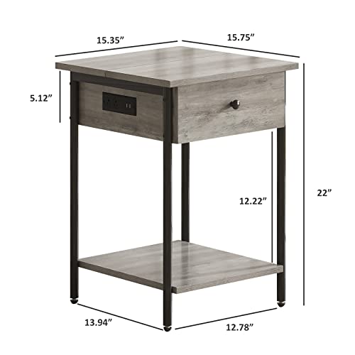 hosote Nightstand with Charging Station, Flip Top End Table with USB Ports and Outlets Farmhouse Night Stand Side Bedside Table with Storage for Bedroom Living Room (Rustic Grey, Set of 2)
