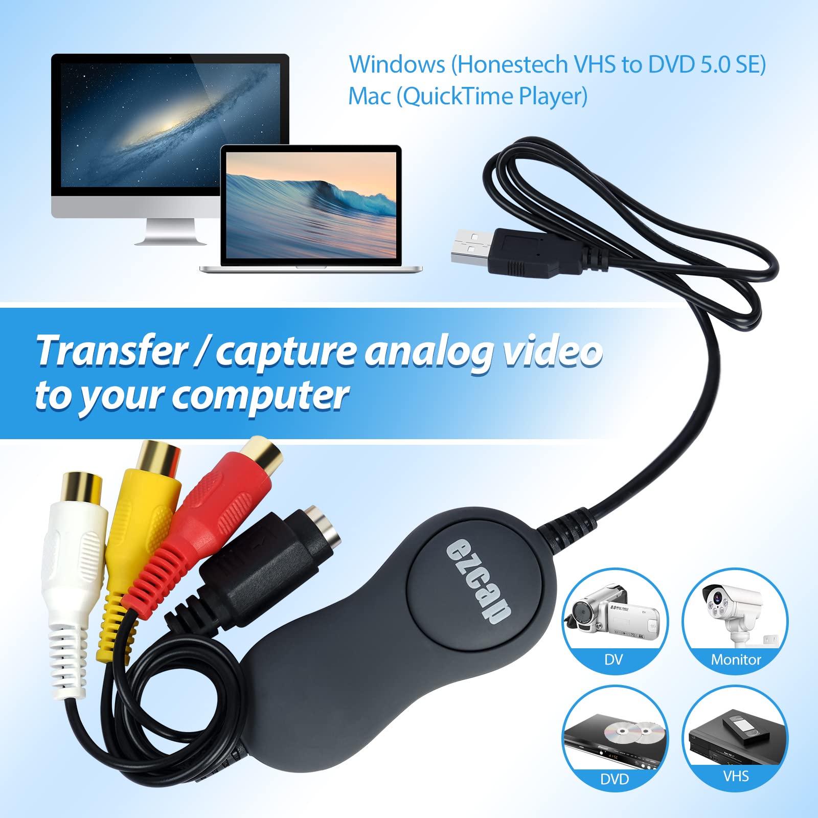 Mwin USB 2.0 Video Capture Card, VHS/VCR to Digital Converter, Digitize Analog Video for Mac or Windows, Easy VHS/VCR/TV to DVD