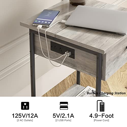 hosote Nightstand with Charging Station, Flip Top End Table with USB Ports and Outlets Farmhouse Night Stand Side Bedside Table with Storage for Bedroom Living Room (Rustic Grey, Set of 2)