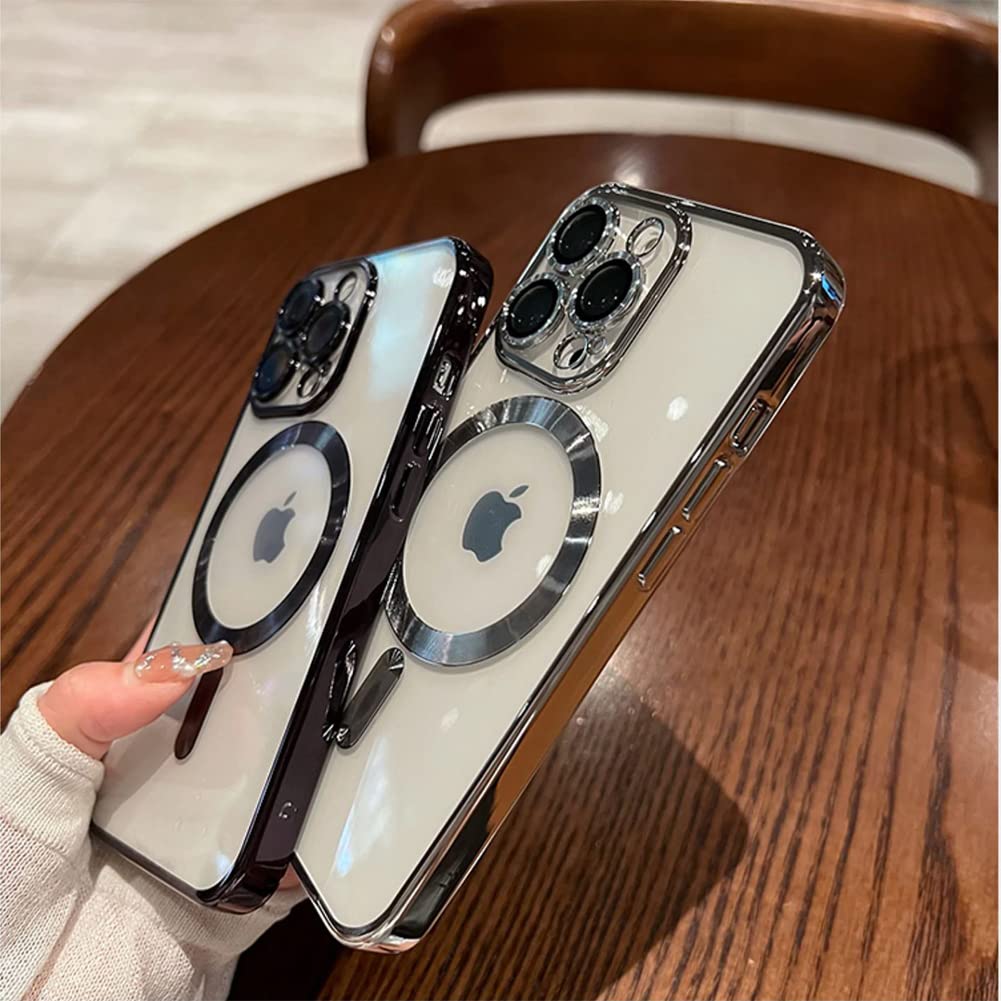 ZIYE Magnetic Case for iPhone 13 Pro Max Case [Compatible with MagSafe] Camera Lens Protector Plating Luxury Cover for Women Men Clear Soft TPU Shockproof Protective Phone Case - Silver