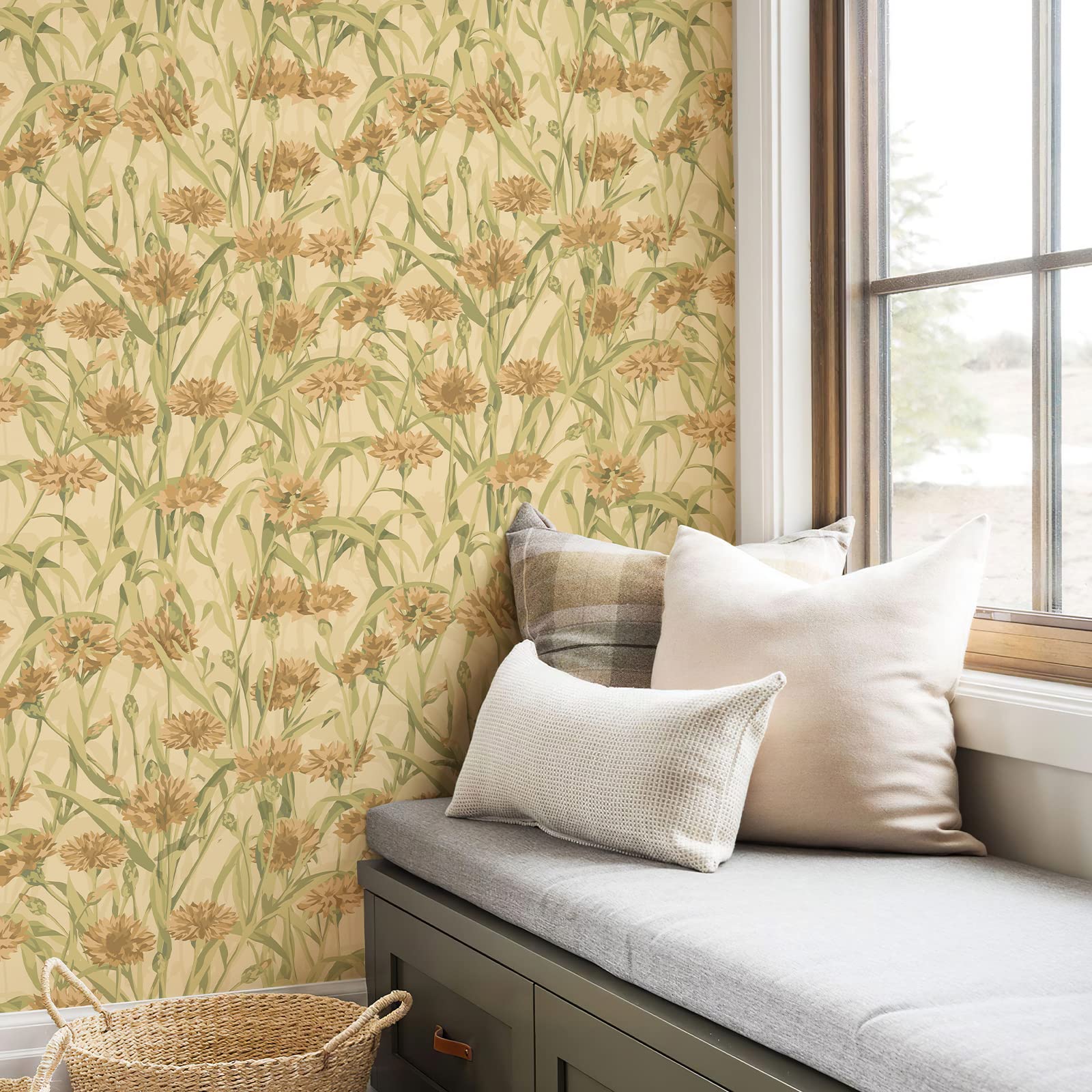 JiffDiff Yellow Floral Wallpaper - Straw Plant Watercolor Chrysanthemum Fleurs Stick on Removable Wallpaper