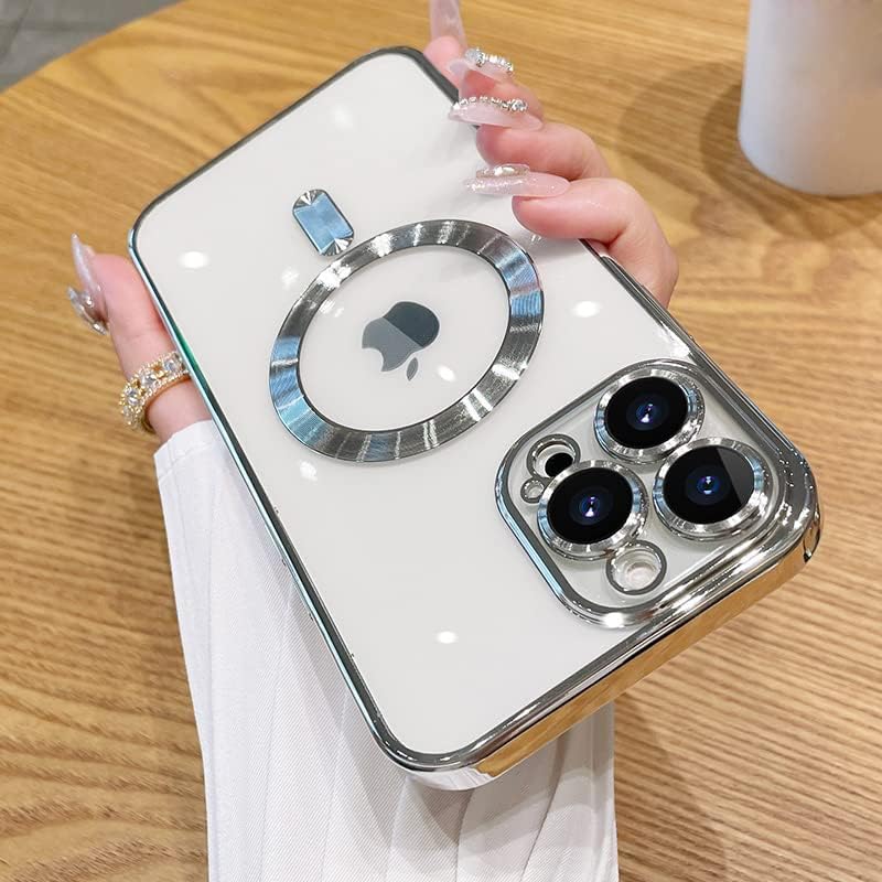 ZIYE Magnetic Case for iPhone 13 Pro Max Case [Compatible with MagSafe] Camera Lens Protector Plating Luxury Cover for Women Men Clear Soft TPU Shockproof Protective Phone Case - Silver