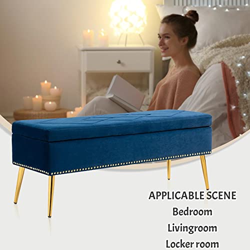 MOJAY Modern Velvet Storage Ottoman Bench, Upholstered Footrest with Rivet Decoration Table Dining Stool with Golden Legs for Entryway Dining Room Living Room Bedroom (Dark Green)