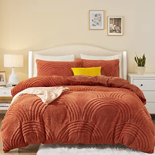 Oli Anderson Fluffy Duvet Cover Set, Faux Fur Rainbow Tufted Duvet Covers Queen Size, 3 Pieces Ultra Soft Warm Plush Comforter Cover Set, Orange (1 Duvet Cover + 2 Pillowcases)