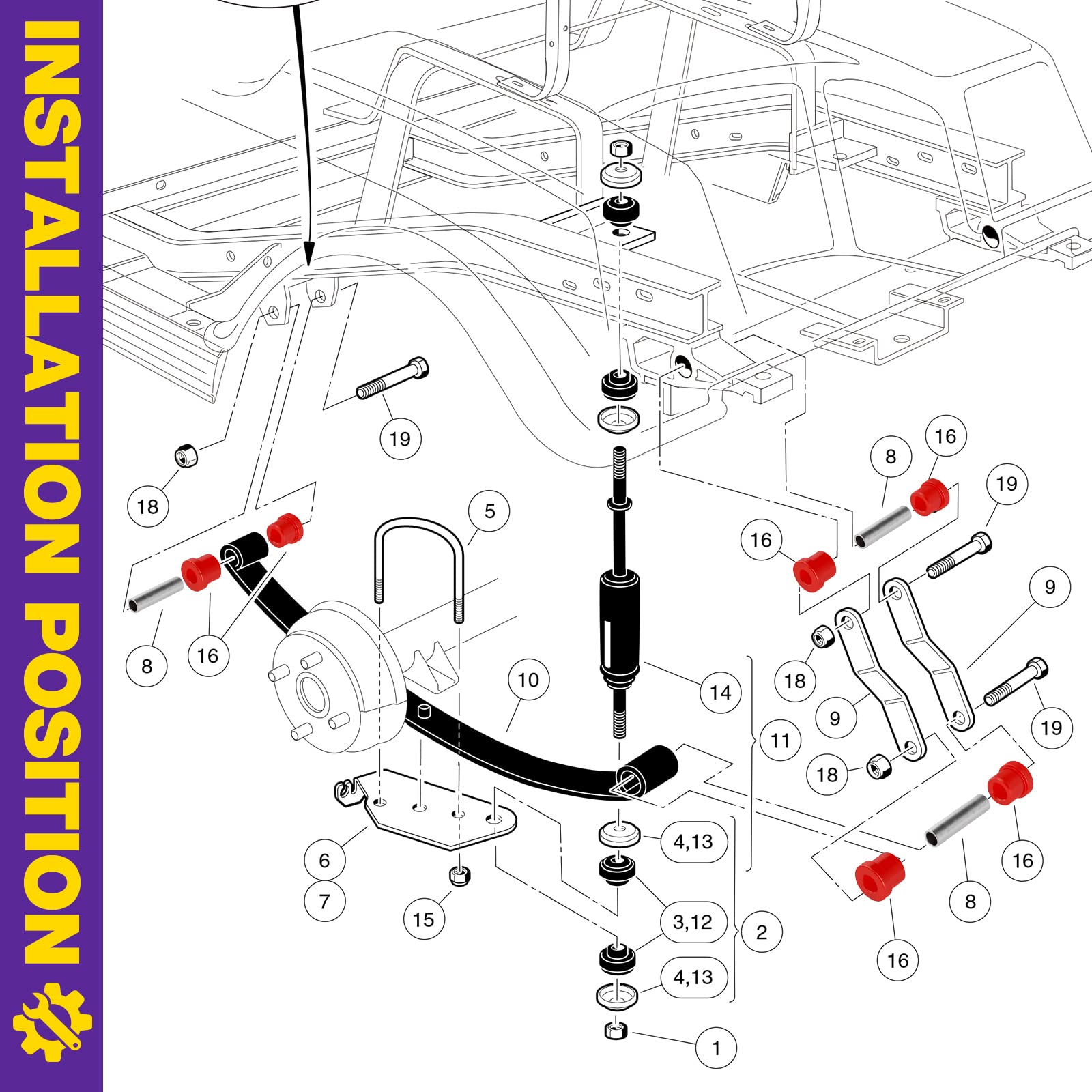 Club Car DS Front & Rear Leaf Spring Bushing Kit, Golf Cart Leaf Spring Polyurethane Bushing and Sleeves for 1981-Up DS, Upgraded Red GolfCart Suspension Shackle Parts OE Replaces 1012303 1015583