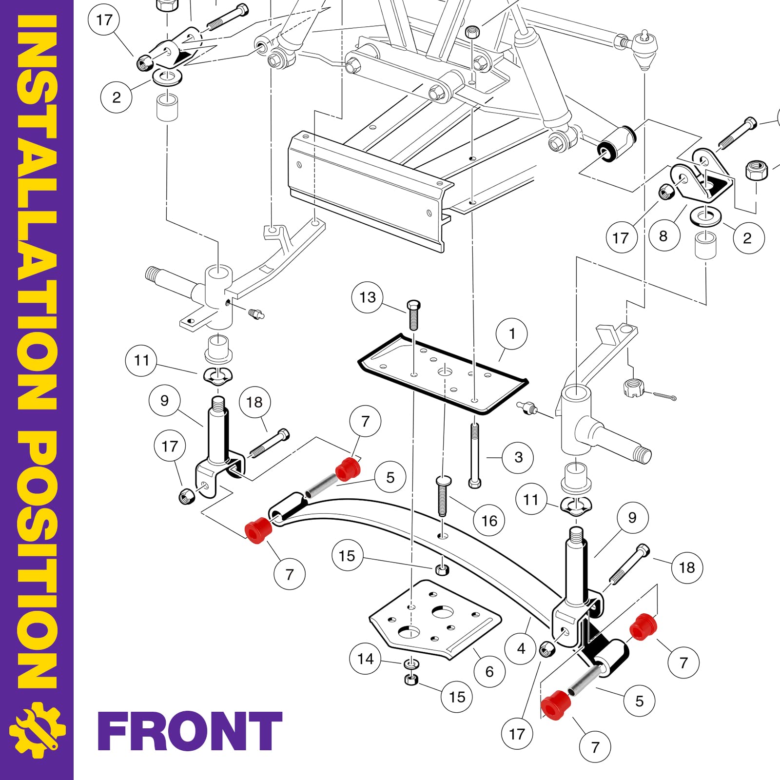 Club Car DS Front & Rear Leaf Spring Bushing Kit, Golf Cart Leaf Spring Polyurethane Bushing and Sleeves for 1981-Up DS, Upgraded Red GolfCart Suspension Shackle Parts OE Replaces 1012303 1015583