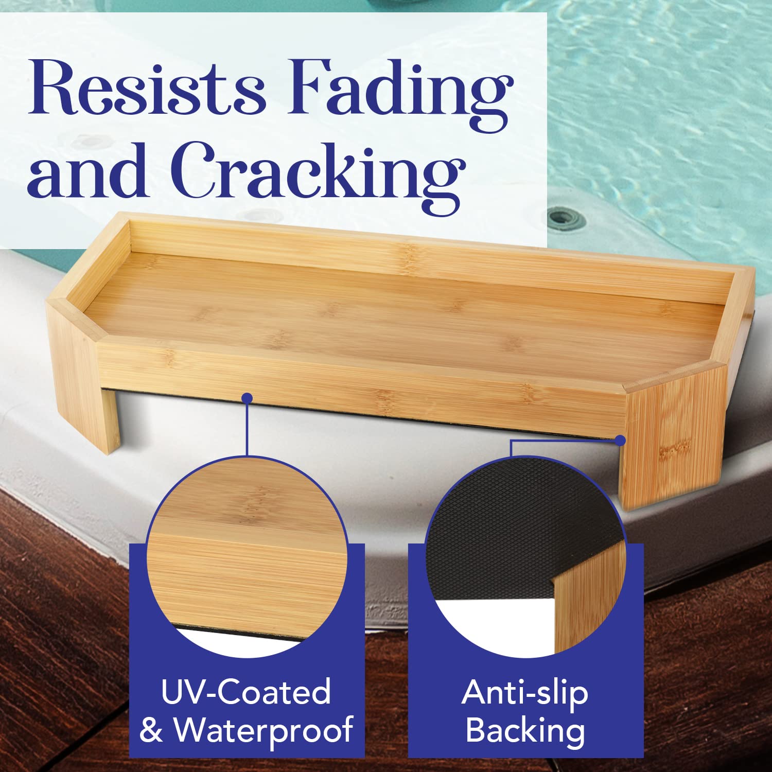 Impresa Bamboo Hot Tub Tray Table, Waterproof, UV-Coated Side Table Caddy with Anti-Slip Backing for Drinks, and Essentials, 17" x 7.5"