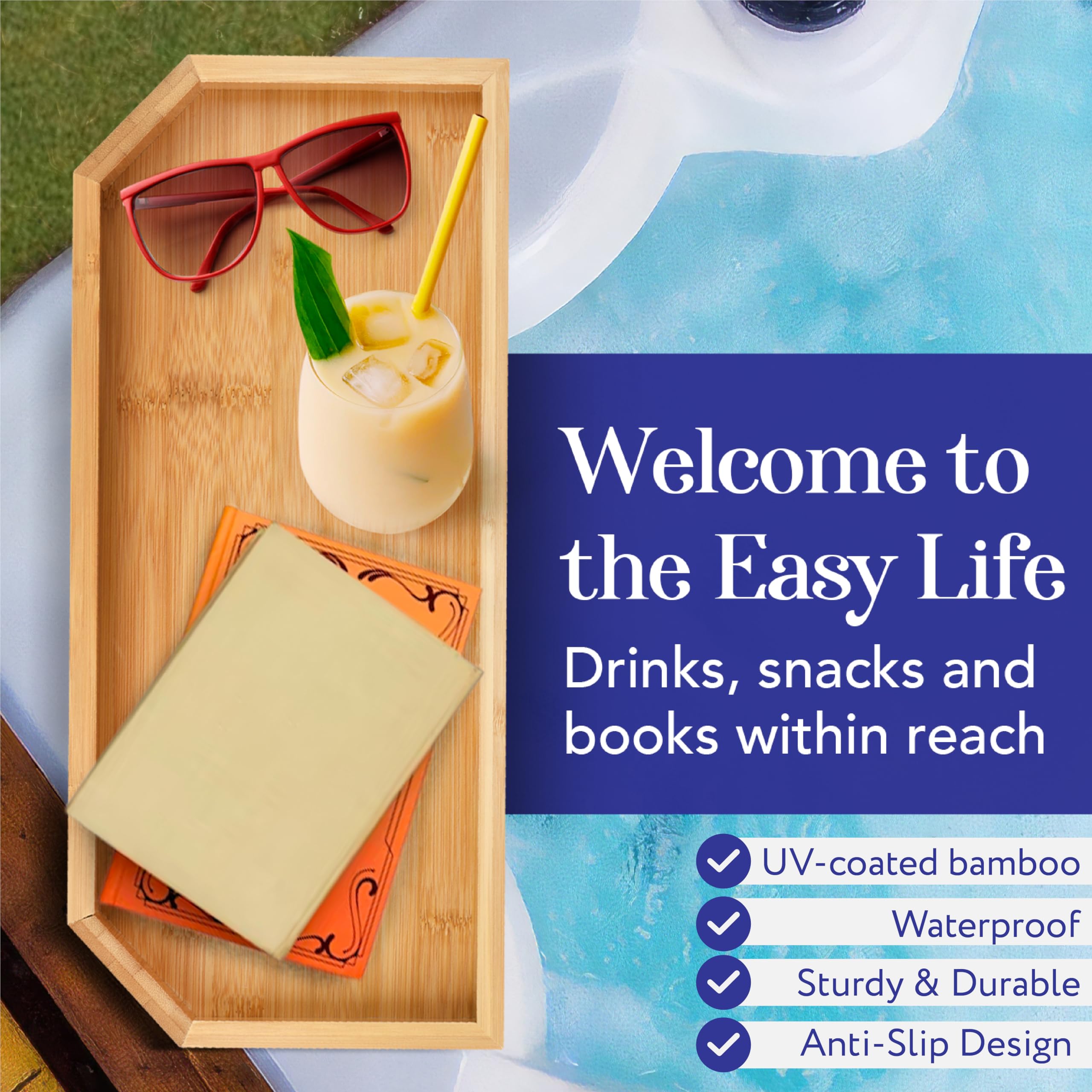 Impresa Bamboo Hot Tub Tray Table, Waterproof, UV-Coated Side Table Caddy with Anti-Slip Backing for Drinks, and Essentials, 17" x 7.5"