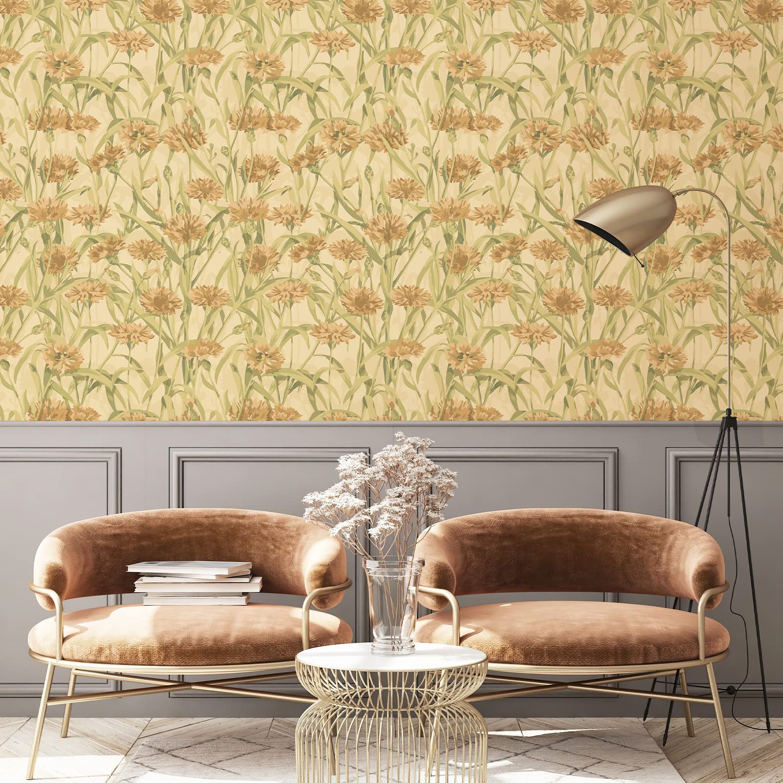 JiffDiff Yellow Floral Wallpaper - Straw Plant Watercolor Chrysanthemum Fleurs Stick on Removable Wallpaper