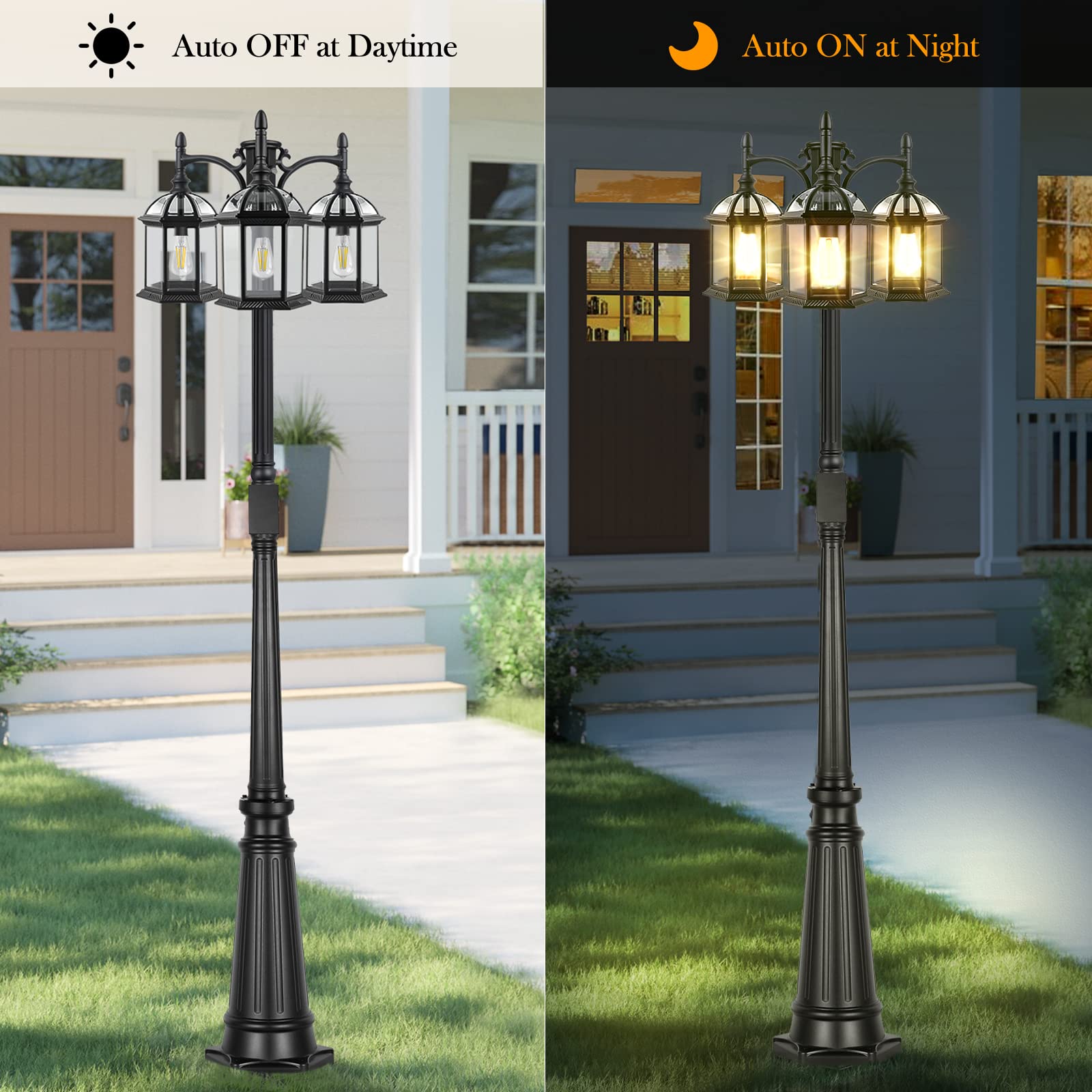 Dusk to Dawn Outdoor Lamp Post Light with GFCI Outlet, Triple Head Aluminum Street Light Post for Outside with Sensor, Waterproof Birdcage Pole Lighting Fixture for Backyard Garden Patio Driveway