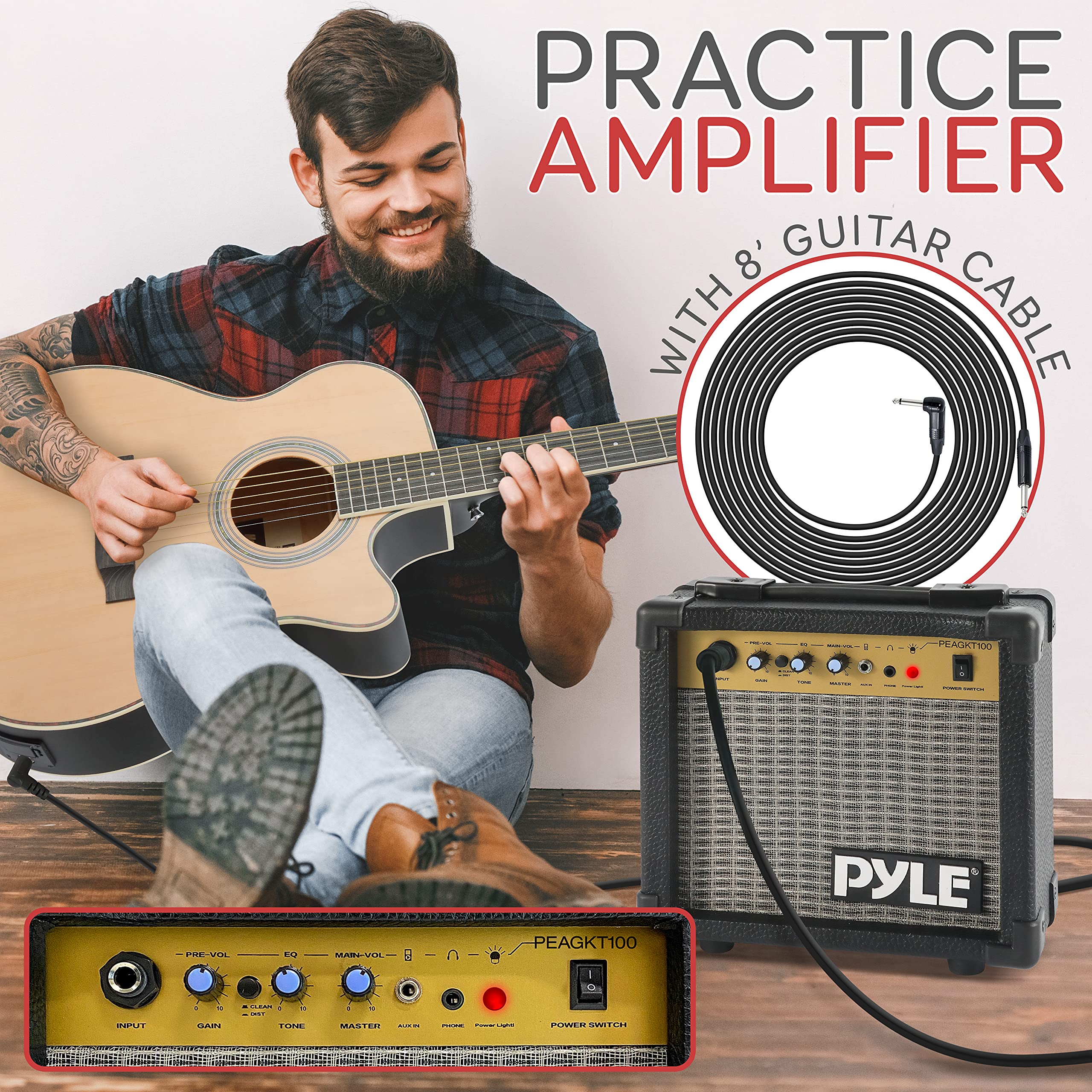 Pyle Cutaway Acoustic Electric Guitar Bundle with Guitar Stand and Practice Amp