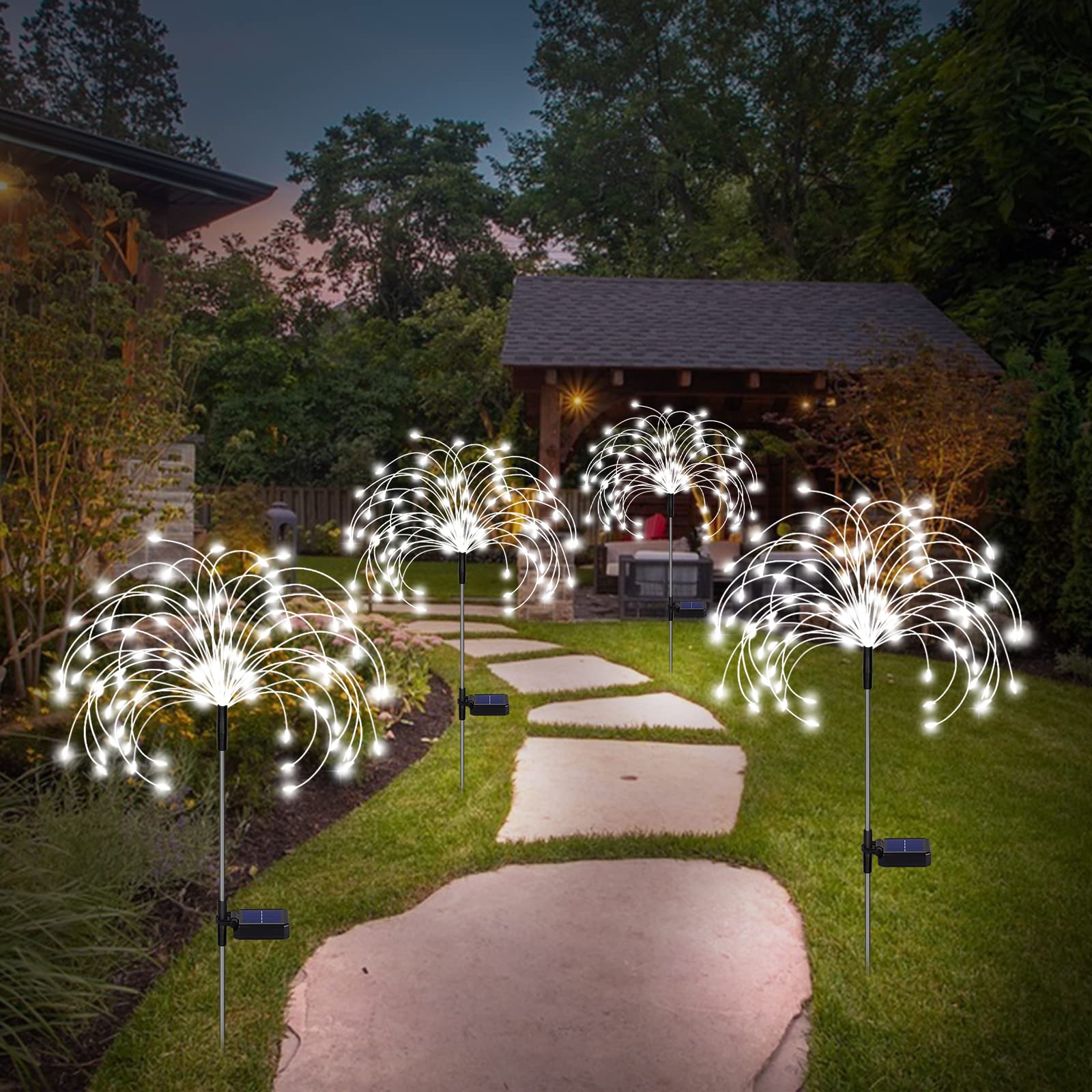 Solar Firework Lights - 4 Pack 120 LED Decorative Starburst Lights, 12 Hrs Working Time, for Garden Pathway, Courtyards, Wedding & Christmas Decor (Cool White)