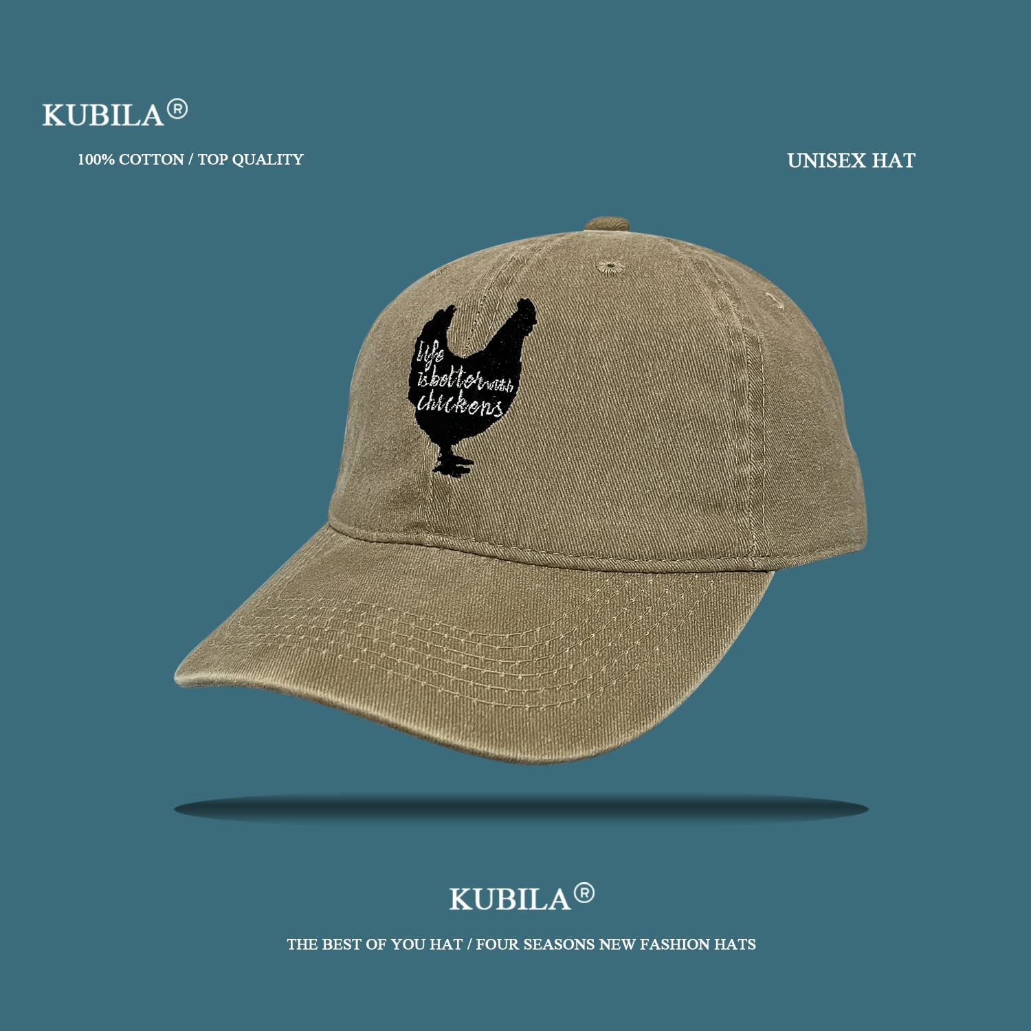 KUBILA Life is Better with Chickens Baseball Cap,Vintage Washed Cotton Denim Adjustable Low Profile Dad Hat for Men and Women Khaki