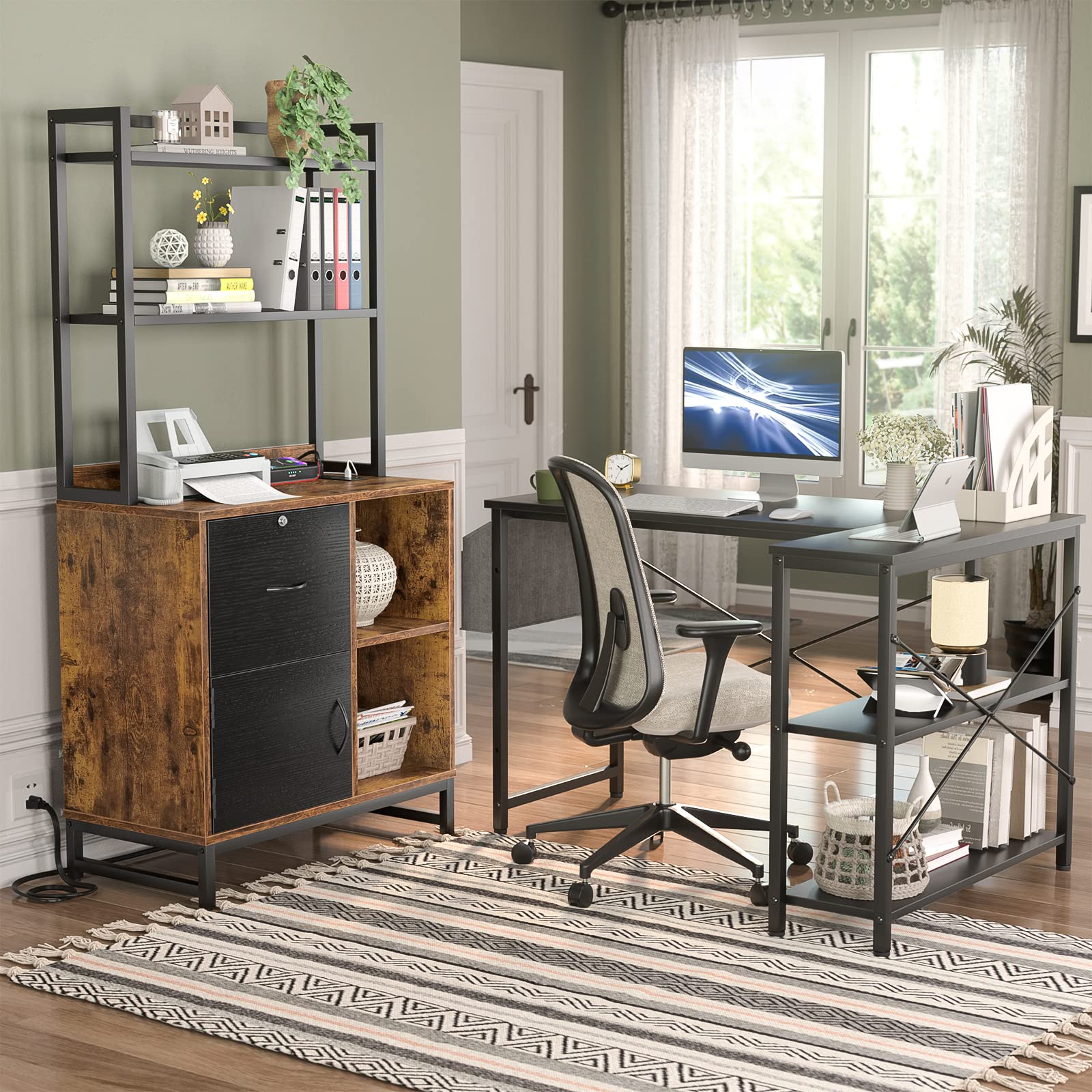 Homieasy Vertical Filing Cabinet with Lock & Charging Station, Large Drawer Wood File Cabinet with Bookshelf, Printer Stand with Open Storage Shelf, fits Letter Size for Home Office, Black and Rustic