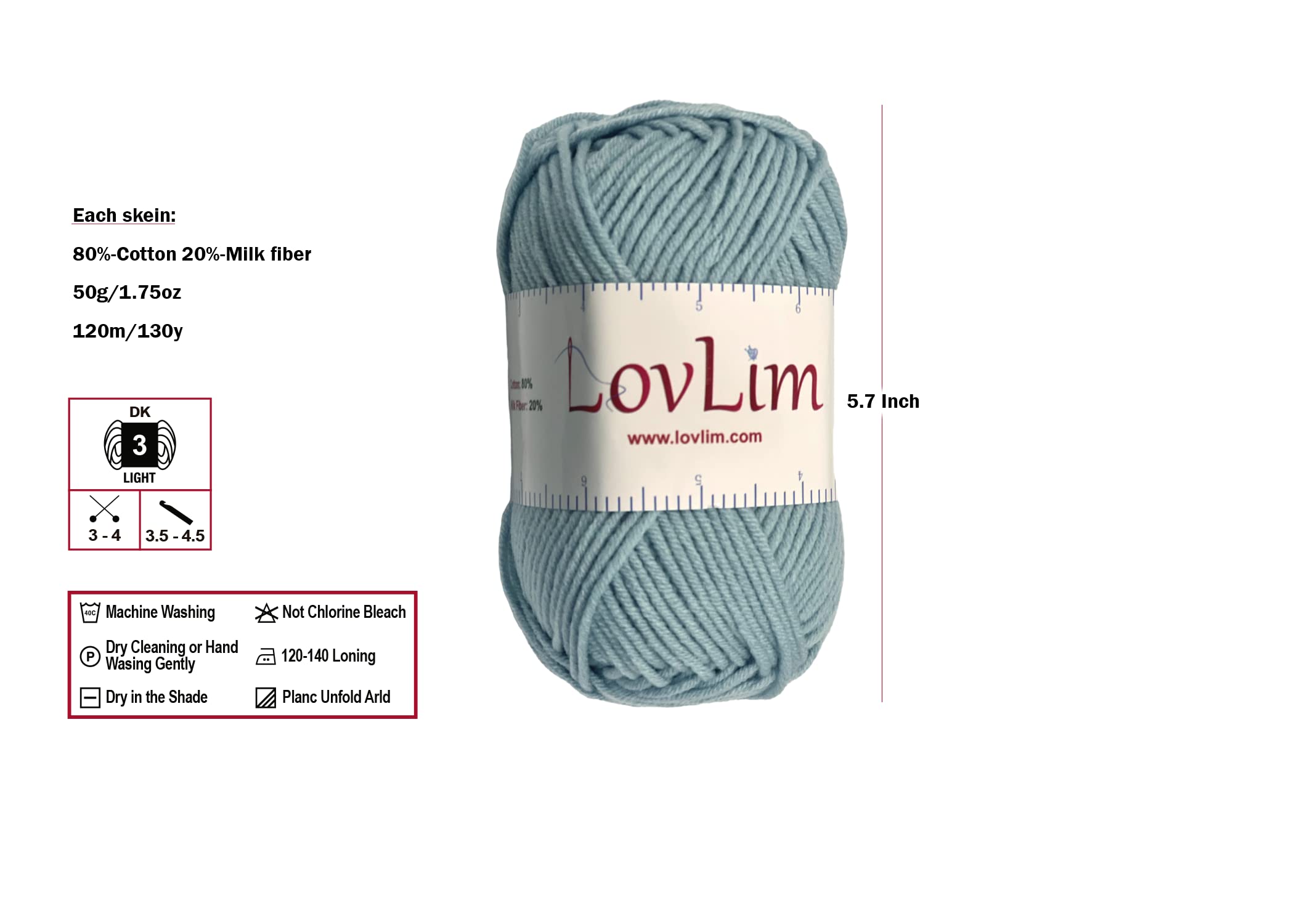 LovLim Yarn Pack, 2 skeins of 50g Each, Soft Cotton Yarn for Crochet and Knitting, Craft DK Amigurumi Yarn (Light Baby Blue)