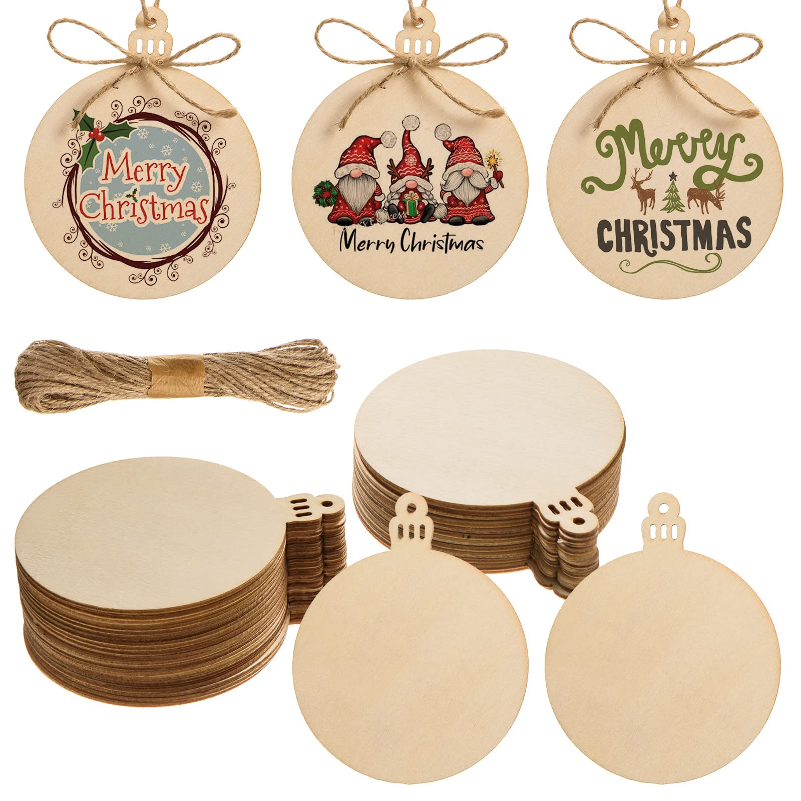 120 Pcs Wooden Christmas Ornaments Unfinished Wooden Circles with Holes Blank Round Wood Discs Slices Wooden Christmas Hanging Ornaments with Twine for DIY Crafts Present Tags Xmas Party Decor,3.1x4