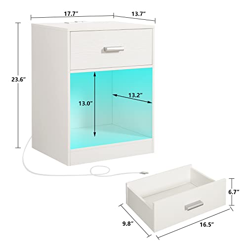 Quimoo Nightstand Set of 2, Night Stand with Charging Station and LED Light, Bedside Table with 1 Drawer, Modern Nightstand with 1 Open Storage Storage for Living Room,White