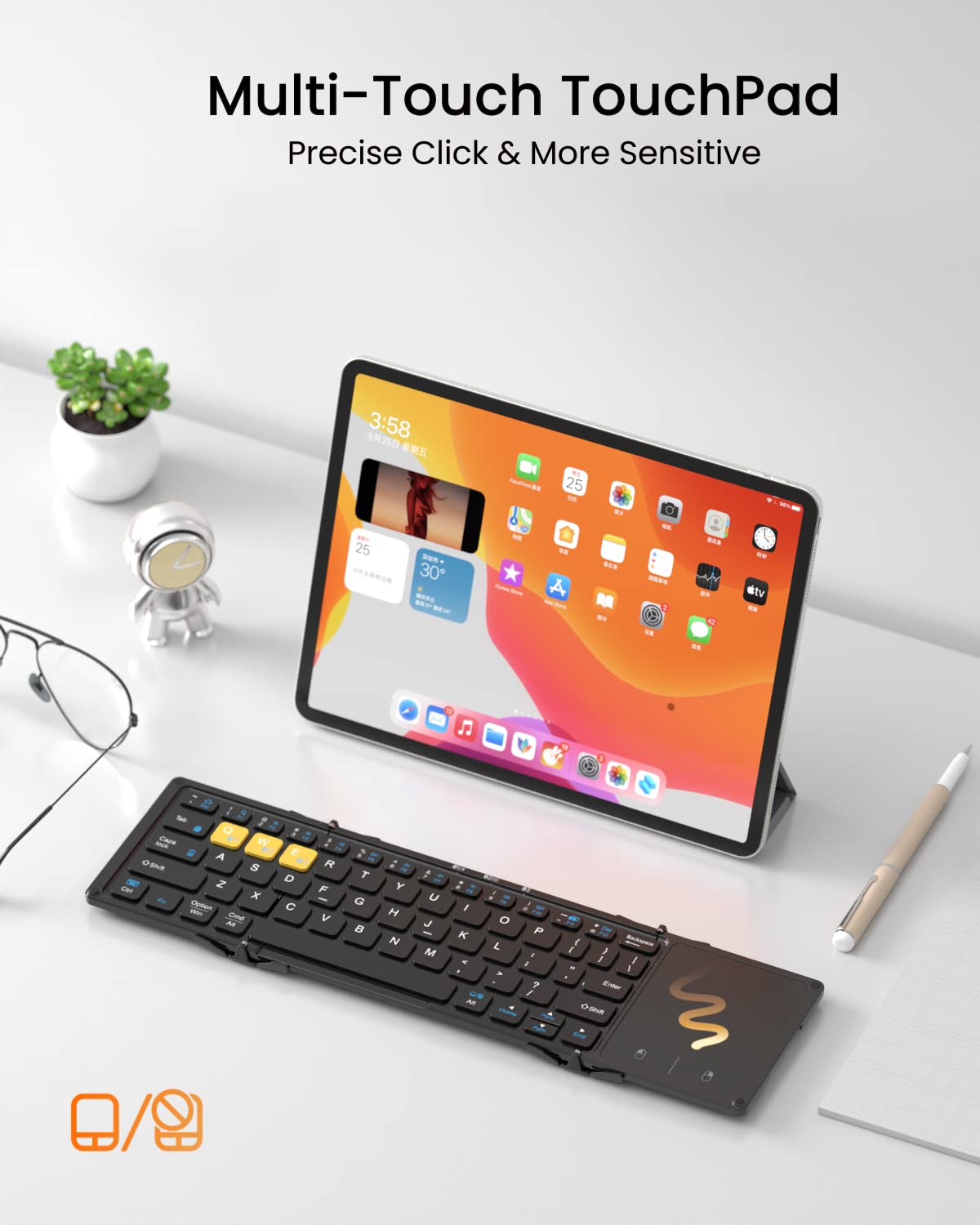 Artciety Foldable Bluetooth Keyboard, Wireless Portable Keyboard with Larger Touchpad, Pocket-Sized Folding Travel Keyboard for MacOS Android Windows iOS, Sync Up to 3 Devices (BT5.1 x 3)