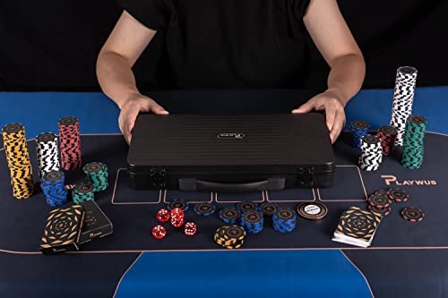 PLAYWUS Clay Poker Chips Set, Professional Poker Set with 300 Pcs 13 Gram Blank Chips, Cards, and Dice, Poker Set Aluminum Alloy Case for Texas Holdem, Blackjack Gambling