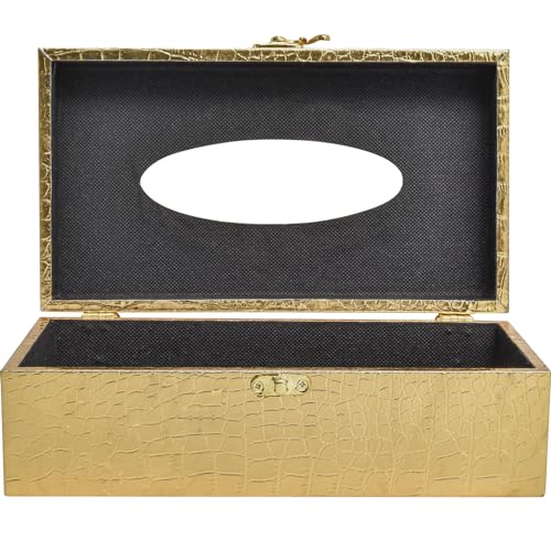 Modern Elegant Wood Tissue Box Cover Rectangular, Gold Glitter Leather Tissue Box Holder for Napkin Facial Paper, Leather Tissue Box Cover for Bathroom Bedroom Vanity Countertop