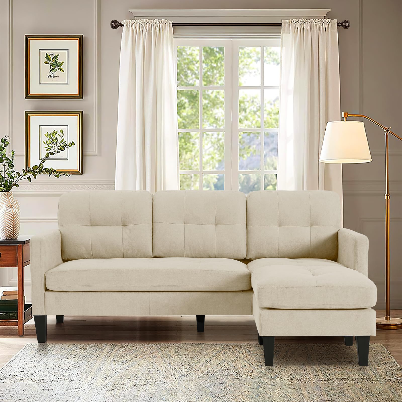 Grepatio Convertible Sectional Sofa Couch, L-Shaped Couch Sofa with Modern Linen Fabric for Living Room Small Space (Beige)