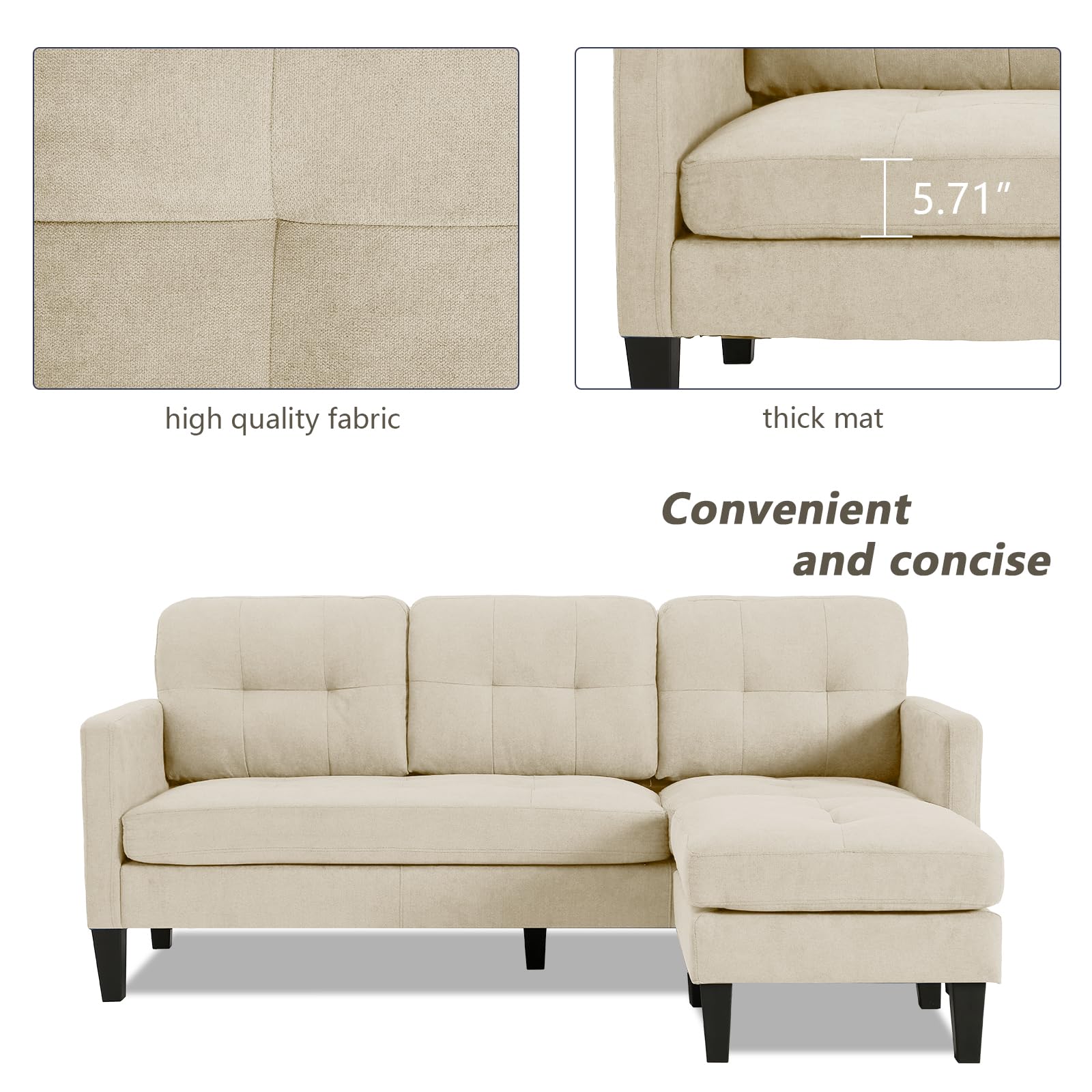 Grepatio Convertible Sectional Sofa Couch, L-Shaped Couch Sofa with Modern Linen Fabric for Living Room Small Space (Beige)