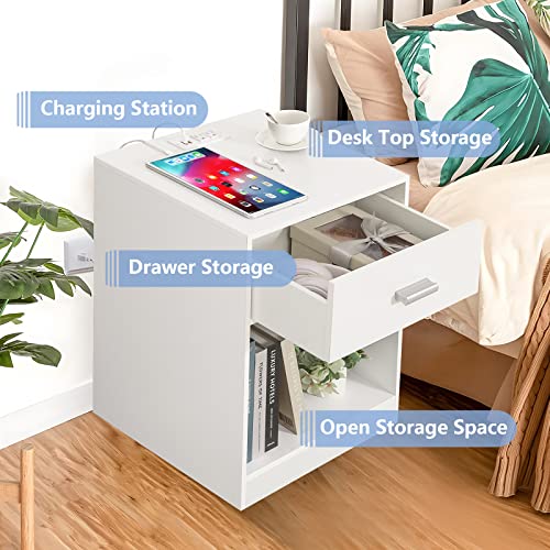 Quimoo Nightstand Set of 2, Night Stand with Charging Station and LED Light, Bedside Table with 1 Drawer, Modern Nightstand with 1 Open Storage Storage for Living Room,White