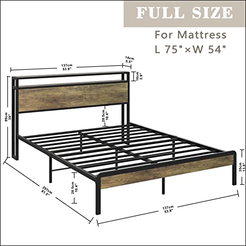 LIKIMIO Full Bed Frame, Platform Bed Frame Full with 2-Tier Storage Headboard and Strong Support Legs, More Sturdy, Noise-Free, No Box Spring Needed, Rustic Maple