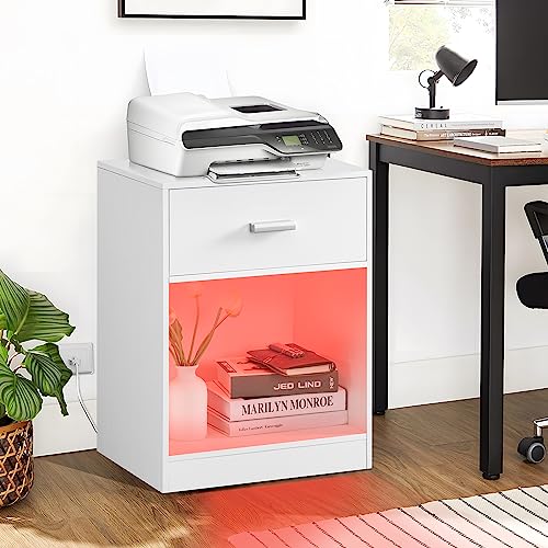 Quimoo Nightstand Set of 2, Night Stand with Charging Station and LED Light, Bedside Table with 1 Drawer, Modern Nightstand with 1 Open Storage Storage for Living Room,White