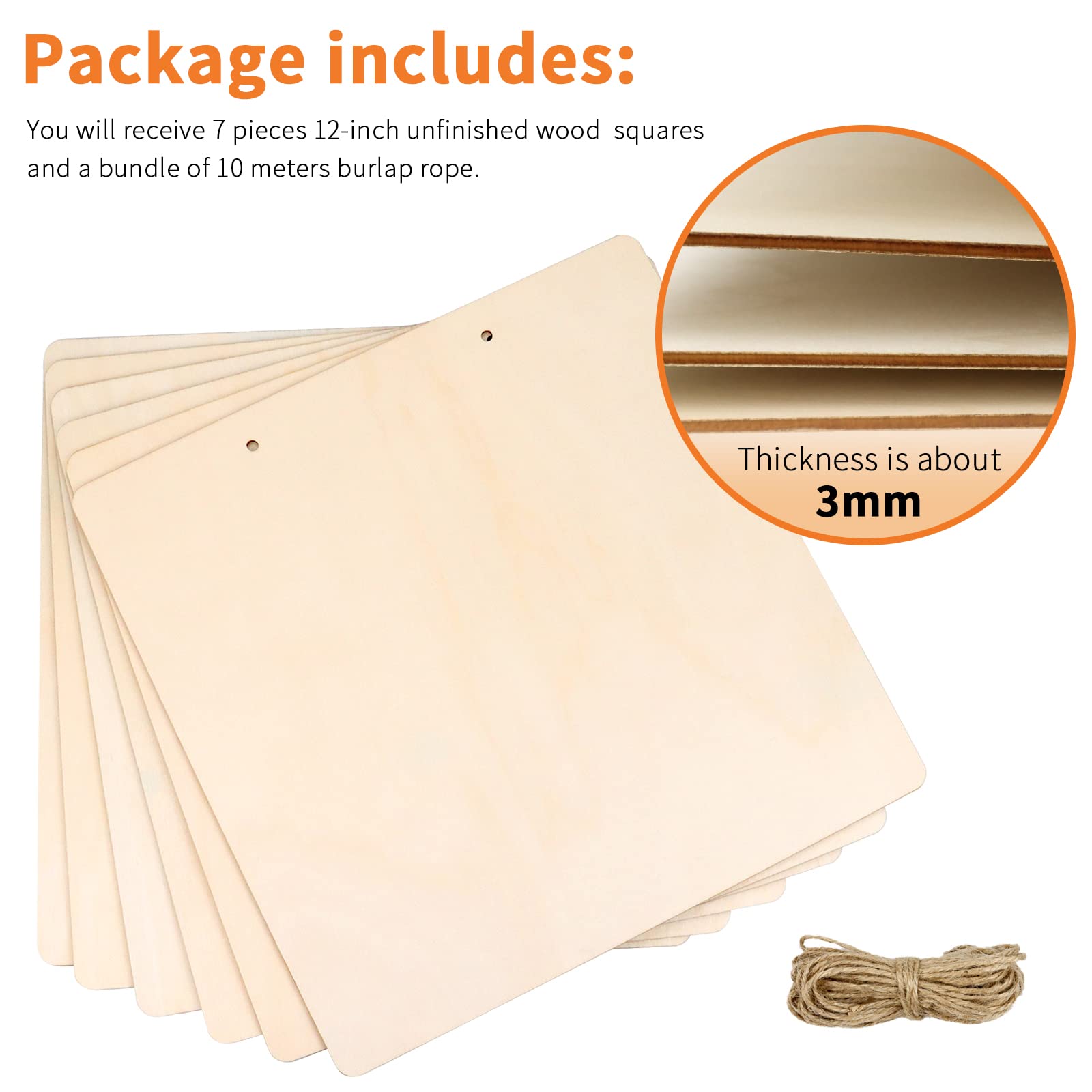 FSWCCK 7 Pieces 12 Inch Blank Wood Squares for Crafts, Unfinished Wood Squares Wooden Cutouts for DIY Crafts, Door Hanger, Sign, Wood Burning, Painting, Halloween, Christmas Home Decorations