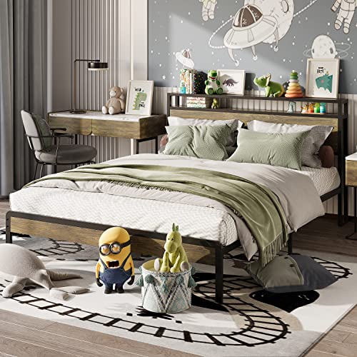 LIKIMIO Full Bed Frame, Platform Bed Frame Full with 2-Tier Storage Headboard and Strong Support Legs, More Sturdy, Noise-Free, No Box Spring Needed, Rustic Maple