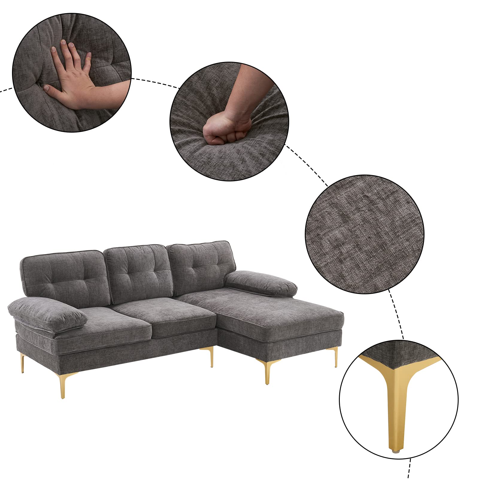 Karl home Sectional Sofa 83" L-Shape Sofa Couch 3-Seat Couch with Chaise ChenilleFabric Upholstered for Living Room, Apartment, Office, Dark Gray