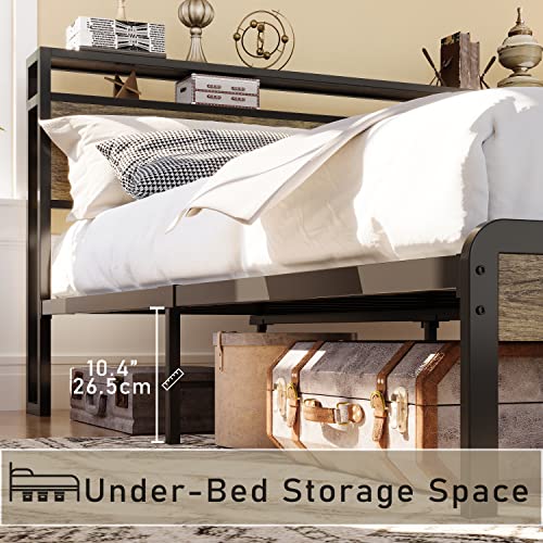 LIKIMIO Full Bed Frame, Platform Bed Frame Full with 2-Tier Storage Headboard and Strong Support Legs, More Sturdy, Noise-Free, No Box Spring Needed, Rustic Maple
