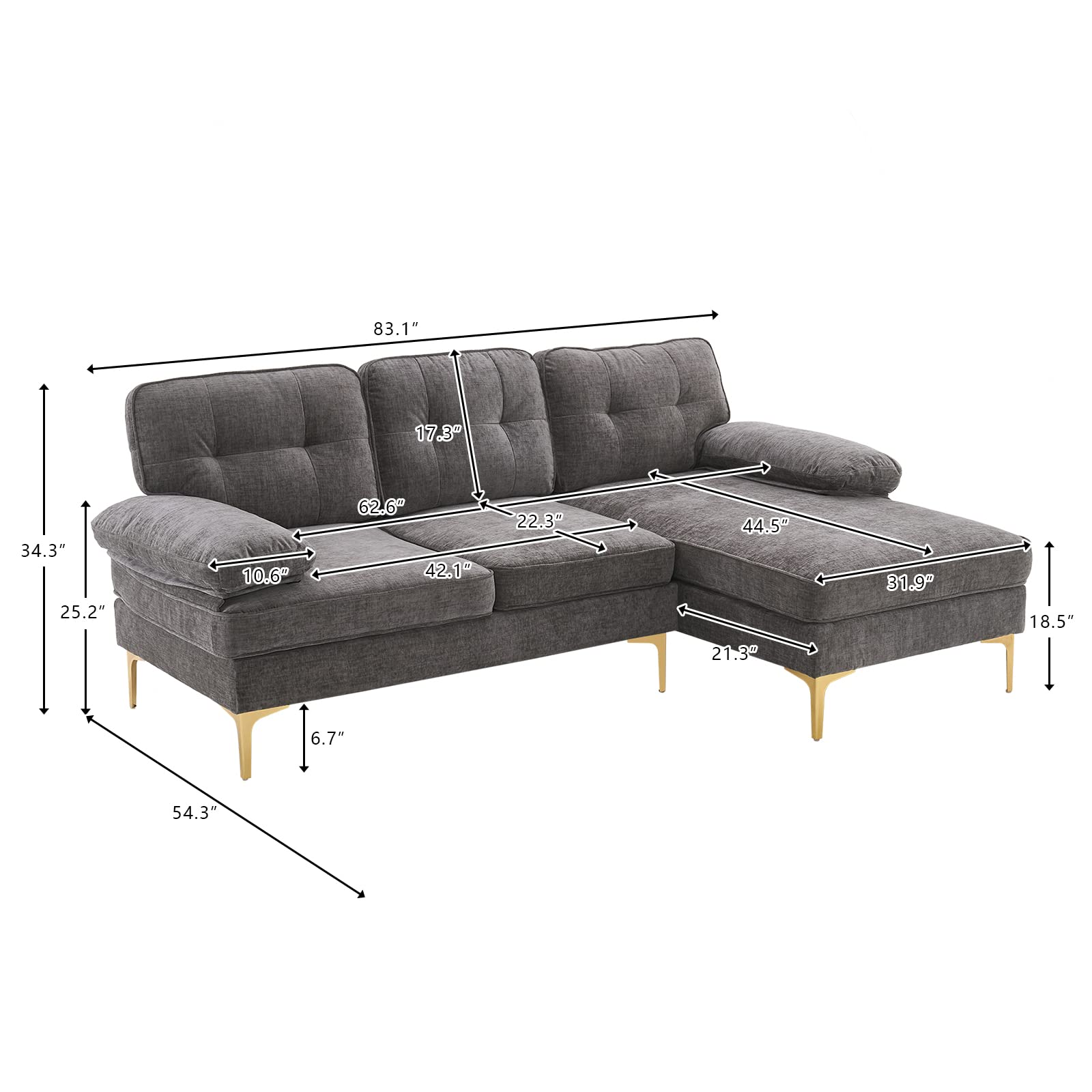 Karl home Sectional Sofa 83" L-Shape Sofa Couch 3-Seat Couch with Chaise ChenilleFabric Upholstered for Living Room, Apartment, Office, Dark Gray