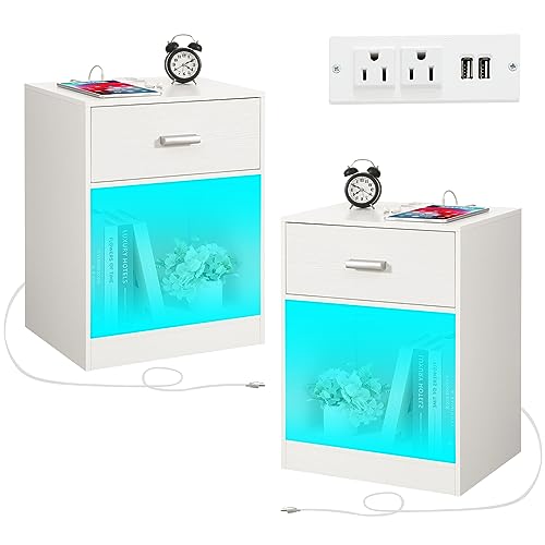 Quimoo Nightstand Set of 2, Night Stand with Charging Station and LED Light, Bedside Table with 1 Drawer, Modern Nightstand with 1 Open Storage Storage for Living Room,White